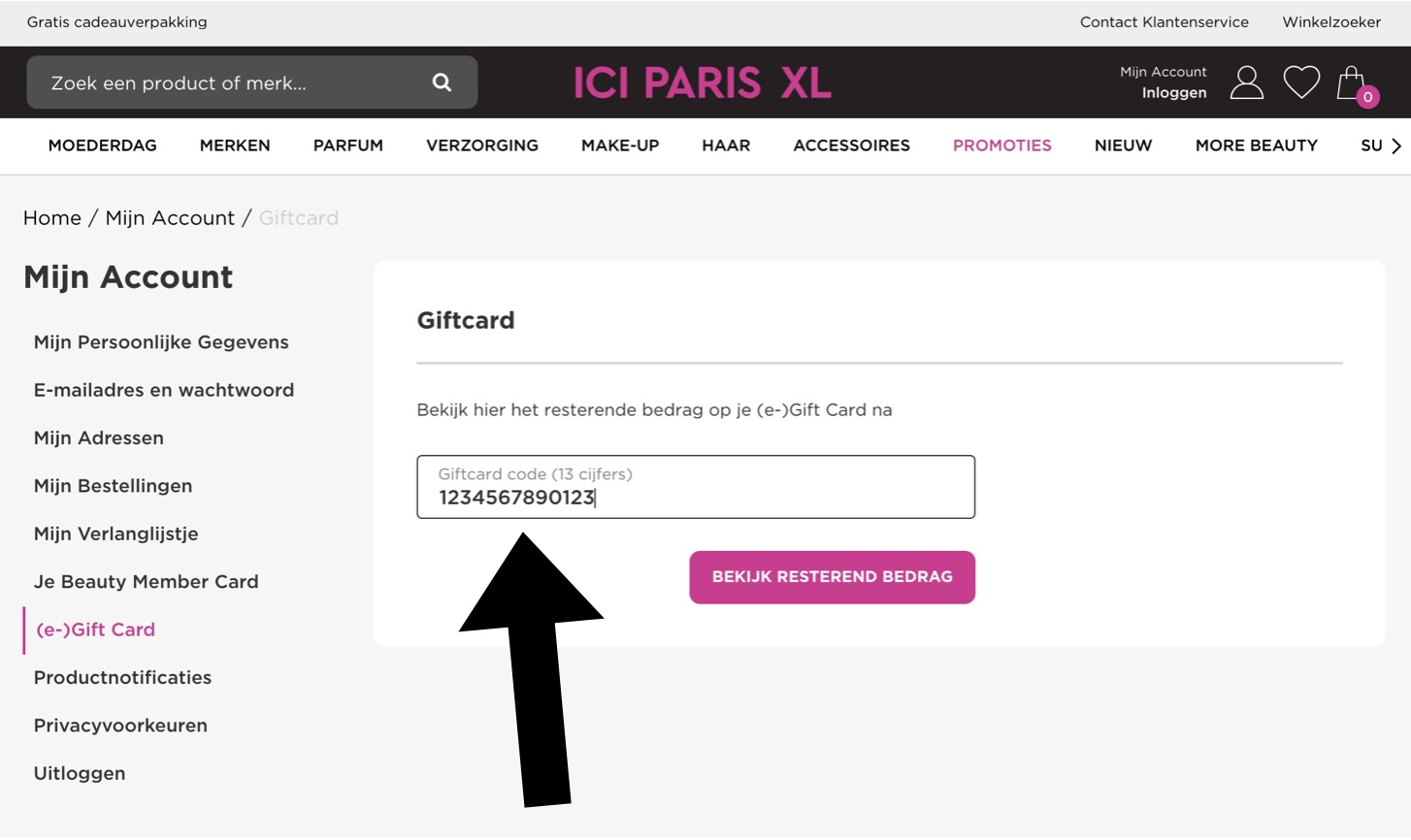 ICI Paris gift card saldo - saldo cadeaukaart checken